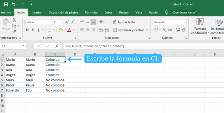 Comparar dos columnas en Excel y extraer lo que no es igual